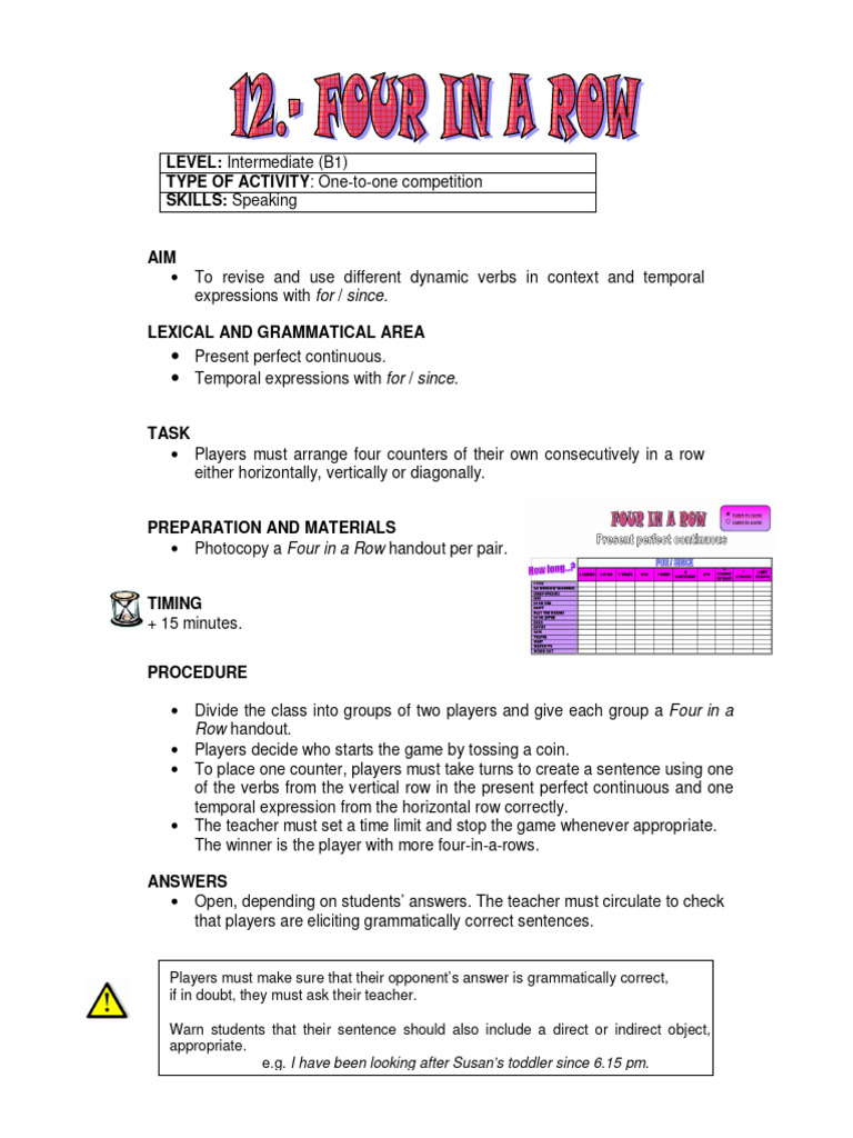 Four in A Row (Present Perfect Continuous) | PDF | Verb | Linguistic ...
