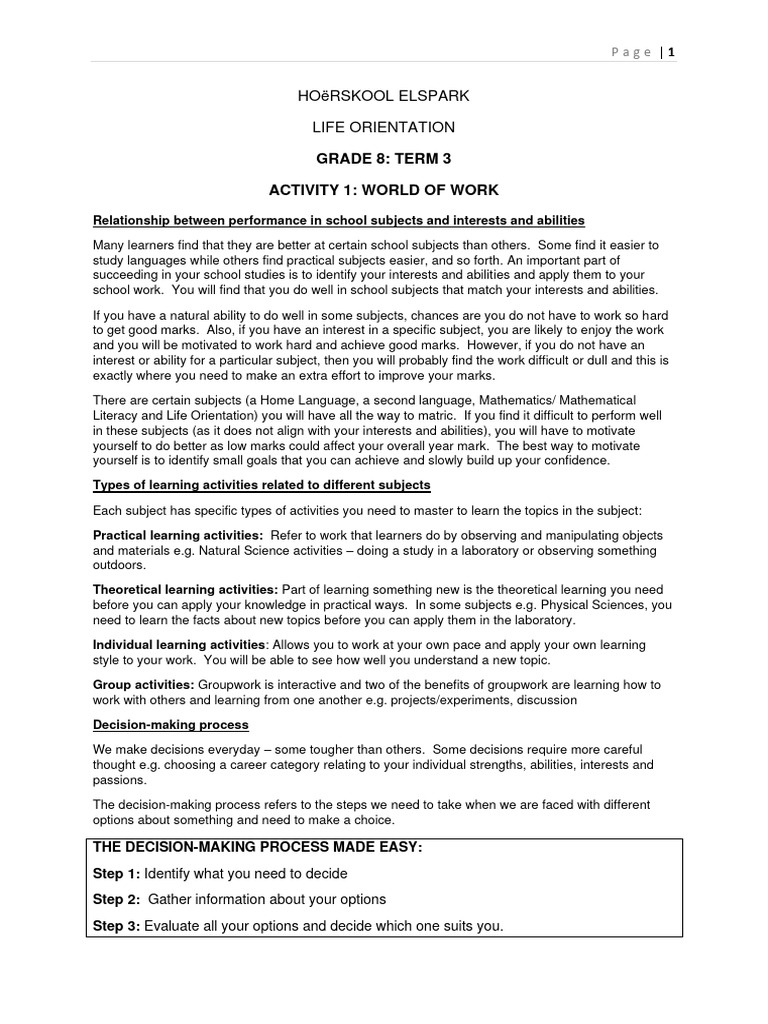 Grade 8 Life Orientation Term 3 Guide | PDF | Learning | Decision Making