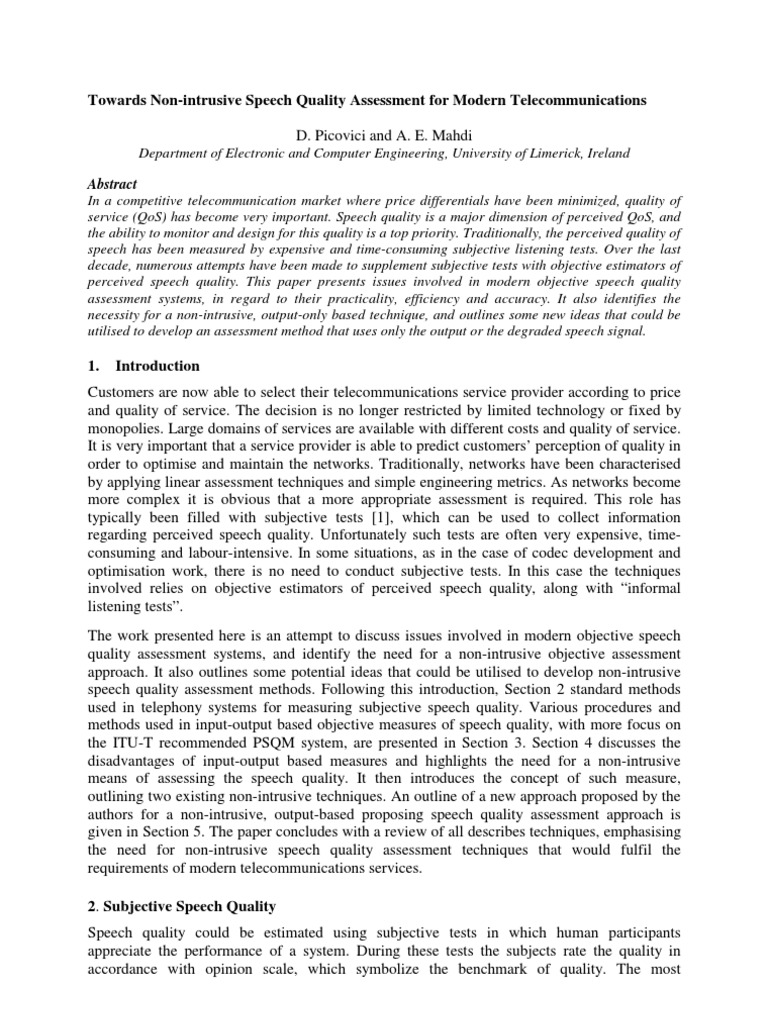 Towards Non-Intrusive Speech Quality Assessment For Modern Telecommunications | PDF | Quality Of ...