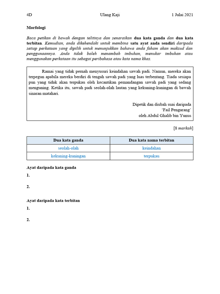 Ulang Kaji Soalan Morfologi, Penyuntingan, BM Standard Dan Peribahasa | PDF