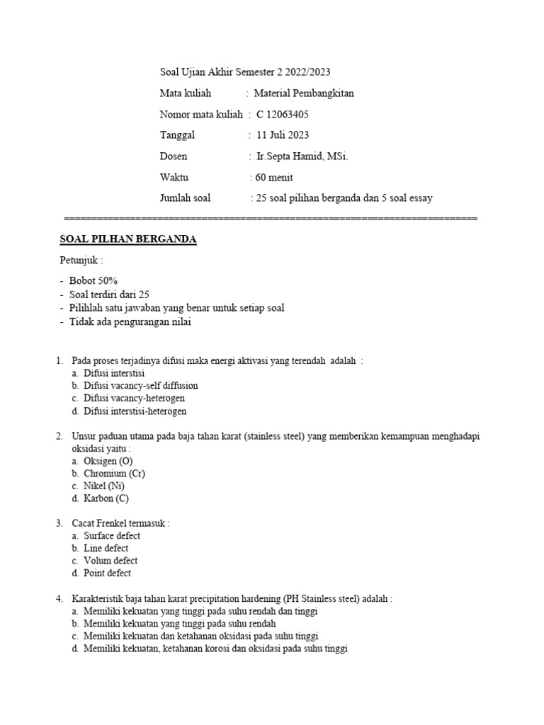 Soal UAS Material Pembangkit Sem2 2022-2023 | PDF