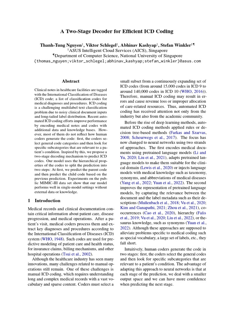 A Two-Stage Decoder For Efficient ICD Coding | Download Free PDF | Computing | Cognitive Science
