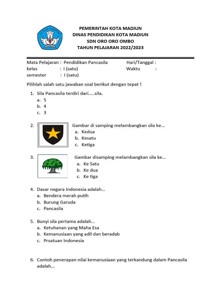 Soal Pancasila SD Kelas 1 Semester 1 | PDF