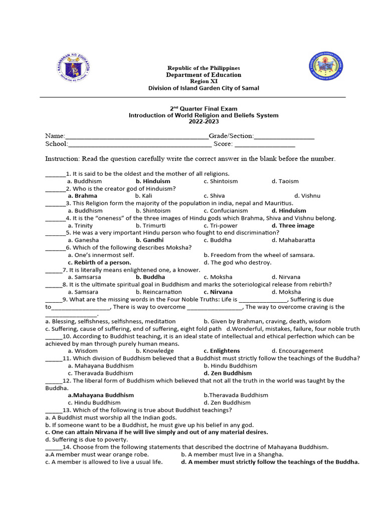 Grade 11 World Religions Exam Review | PDF | Four Noble Truths | Shinto