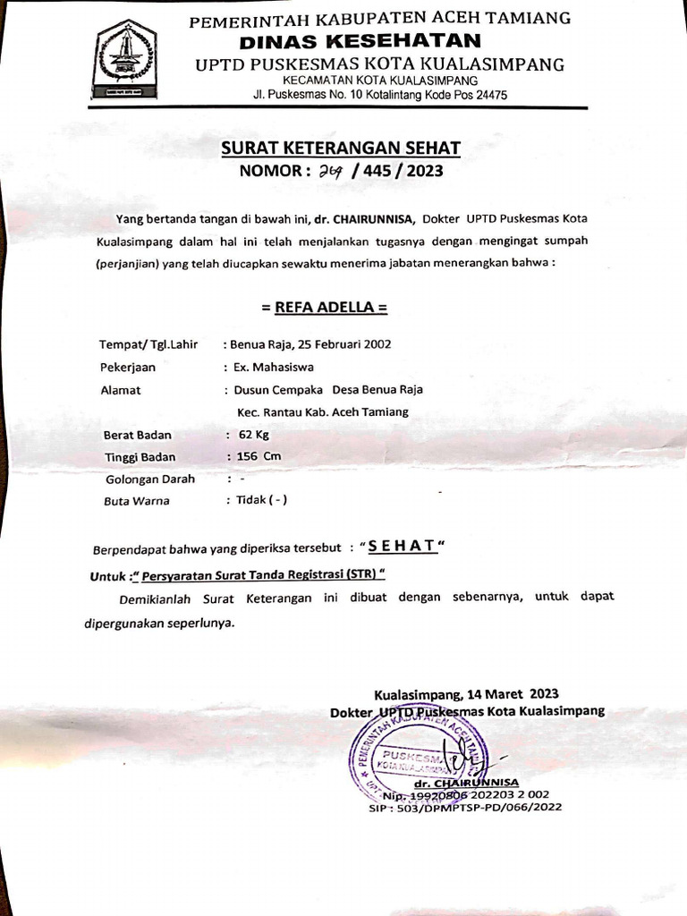 Surat Sehat Refa Adella | PDF