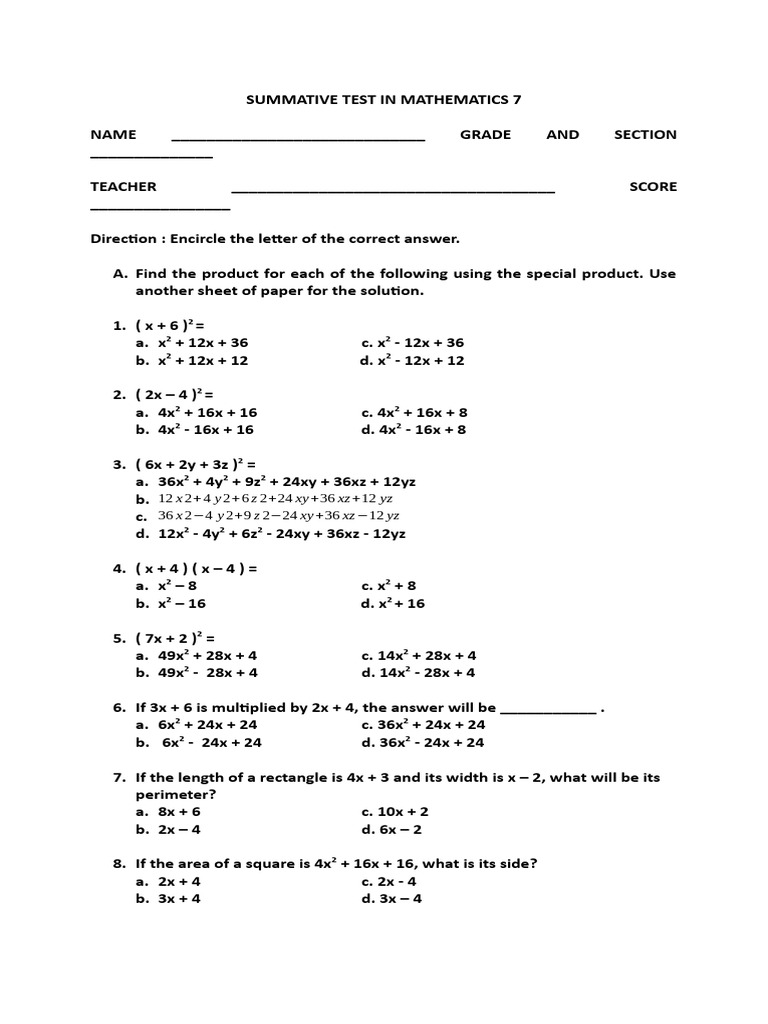 Summative Test in Math 7 | PDF | Equations | Applied Mathematics