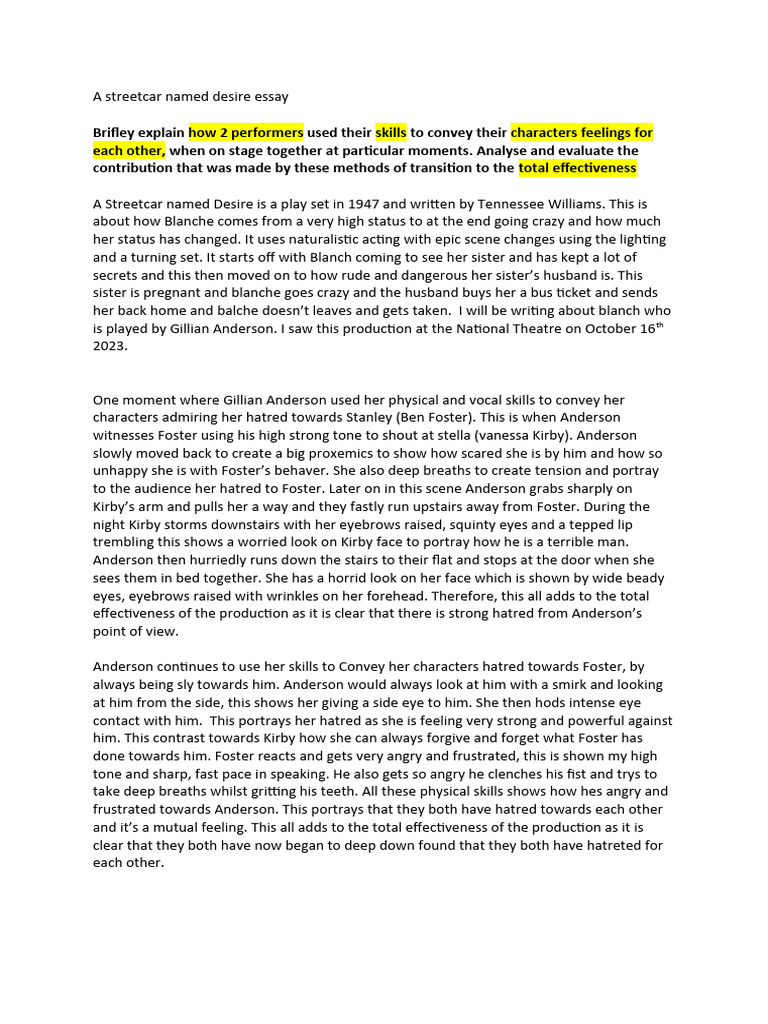 A Street Car Named Desire Essay | PDF