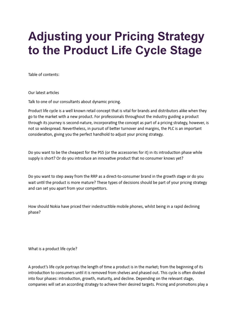 Pricing Strategy To The Product Life Cycle Stage | PDF | Pricing | Retail