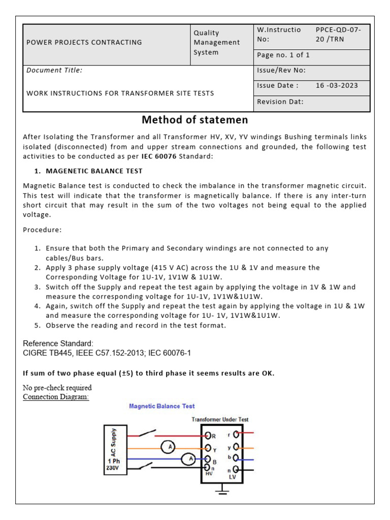 Transformer Testing Method Of Statment Pdf Transformer Voltage