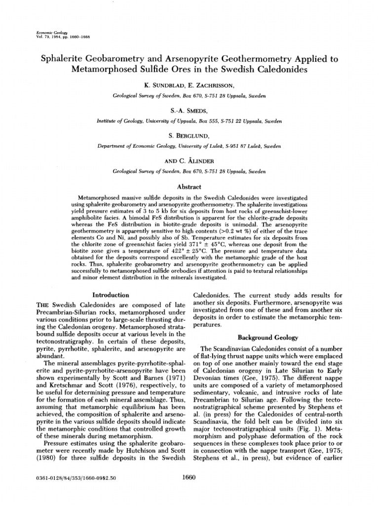 Sphalerite Geobarometry and Arsenopyrite Geothermometry Applied To ...