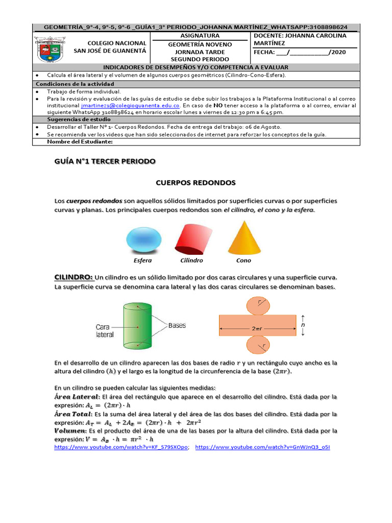 Guía N°1 Tercer Periodo Cuerpos Redondos: Jmartinez1@colegioguanenta ...