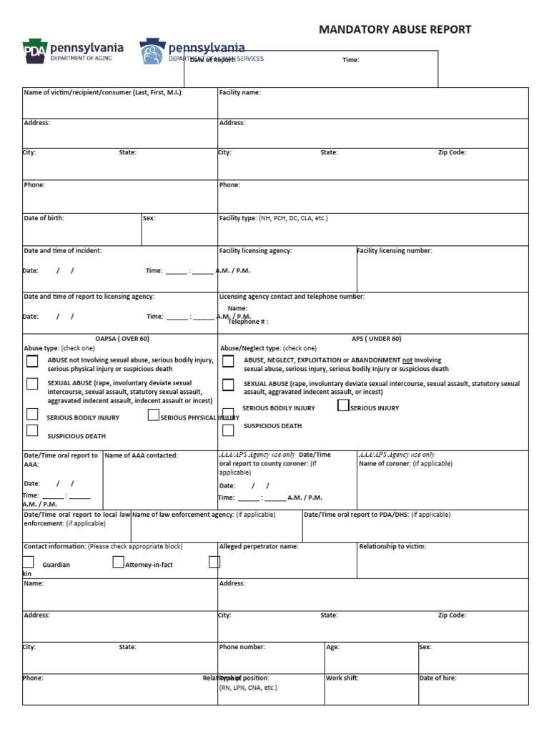 PA Act 70 Mandatory Abuse Report Form | PDF | Sexual Assault | Assault