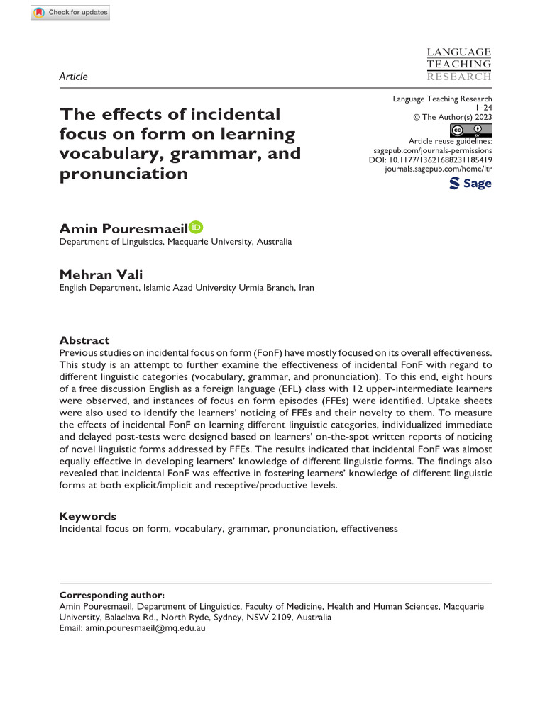 The Effects of Incidental Focus On Form On Learning Vocabulary, Grammar, and Pronunciation | PDF ...