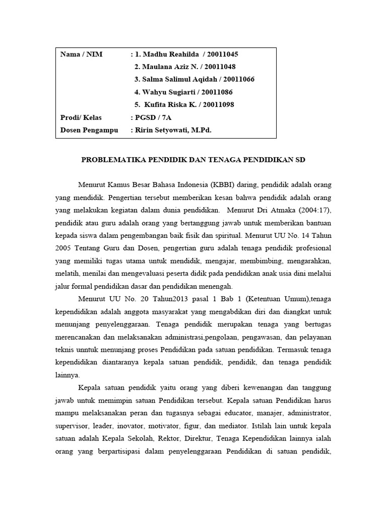 Paper Analysis Problematika Pendidik Dan Tenaga Pendidik SD | PDF | Karier & Perkembangan