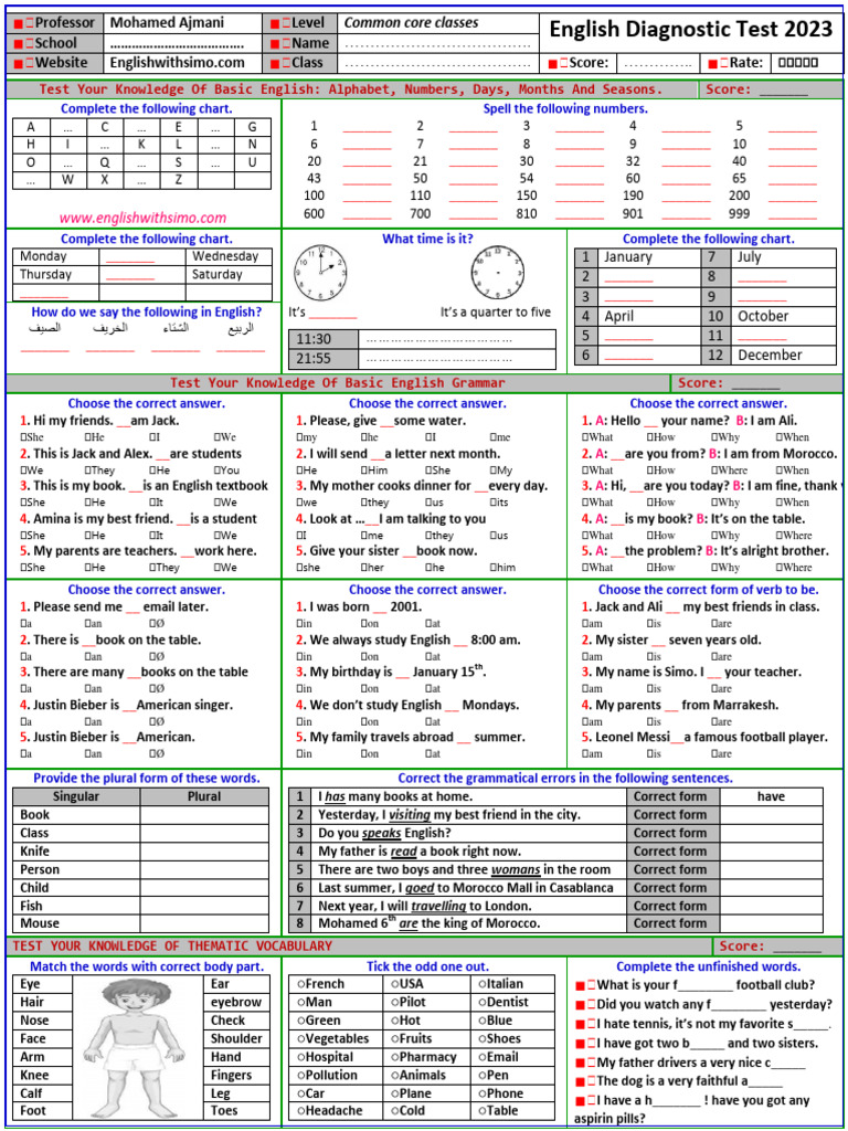 Basic English Skills Diagnostic Test | PDF | Linguistics