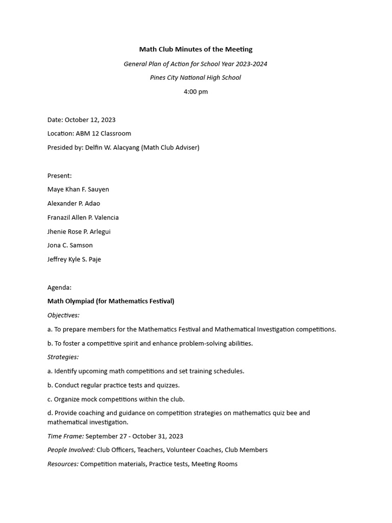 Math Club Minutes GPOA | PDF | Mathematics | Teachers