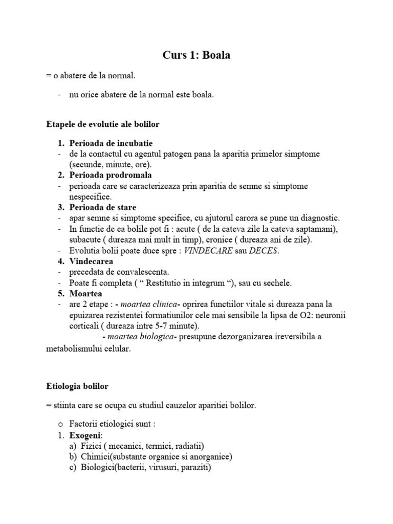 Curs 1: Boala: Etapele de Evolutie Ale Bolilor 1. Perioada de Incubatie ...
