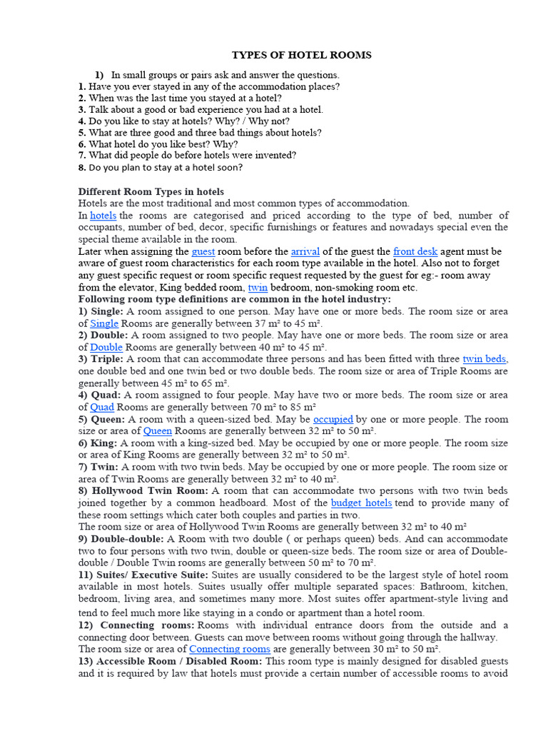 Types of Hotel Room Categories | PDF | Hotel | Room