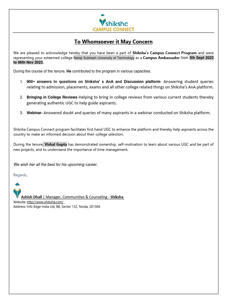 Internship Letter Vishal Gupta | PDF | Career & Growth Internship Letter Vishal Gupta | PDF | Career & Growth