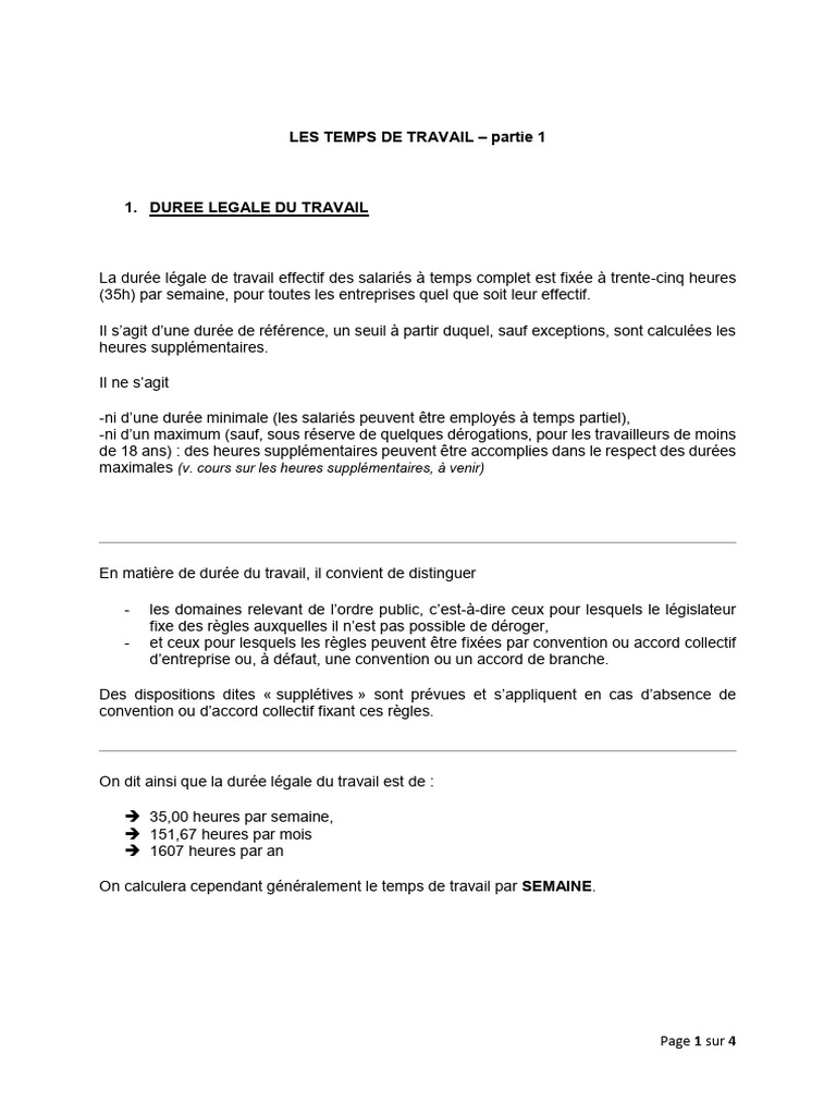 LES TEMPS DE TRAVAIL 1ere Partie | PDF | Heures supplémentaires | Temps ...