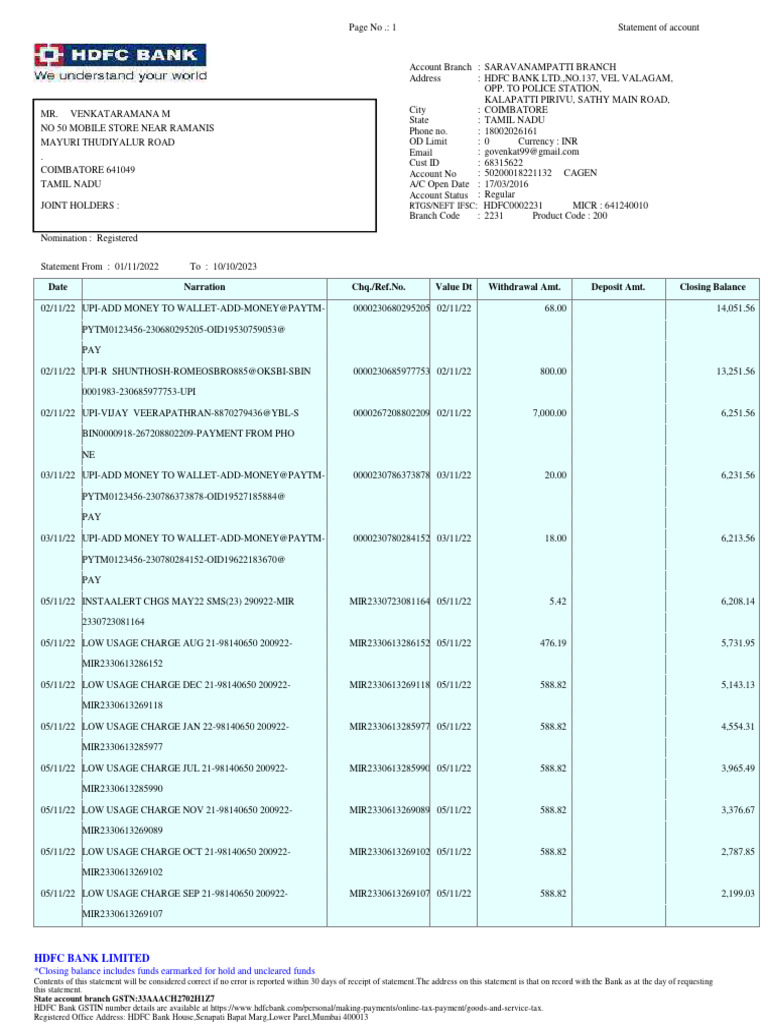 HDFC Statement Nov 22 - Oct 23 | PDF | Payments | Financial Services