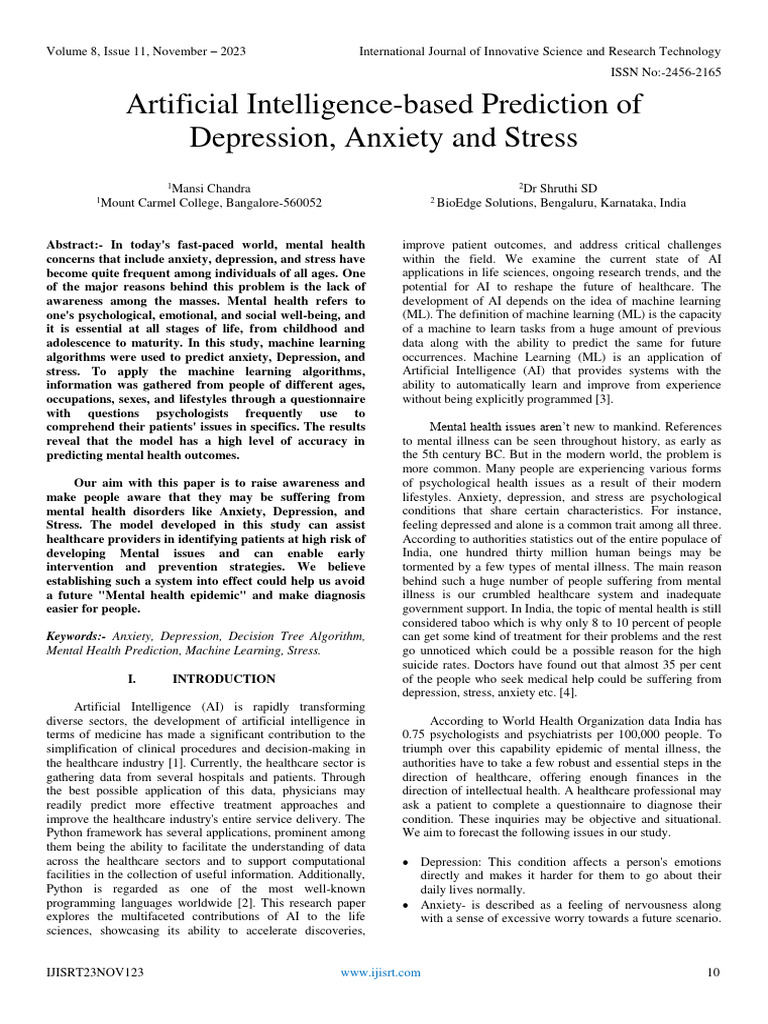 Artificial Intelligence Based Prediction Of Depression Anxiety And