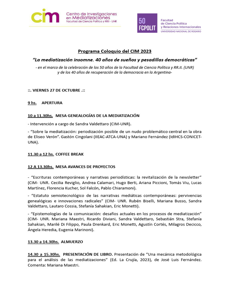 Programa Coloquio CIM 2023 | PDF