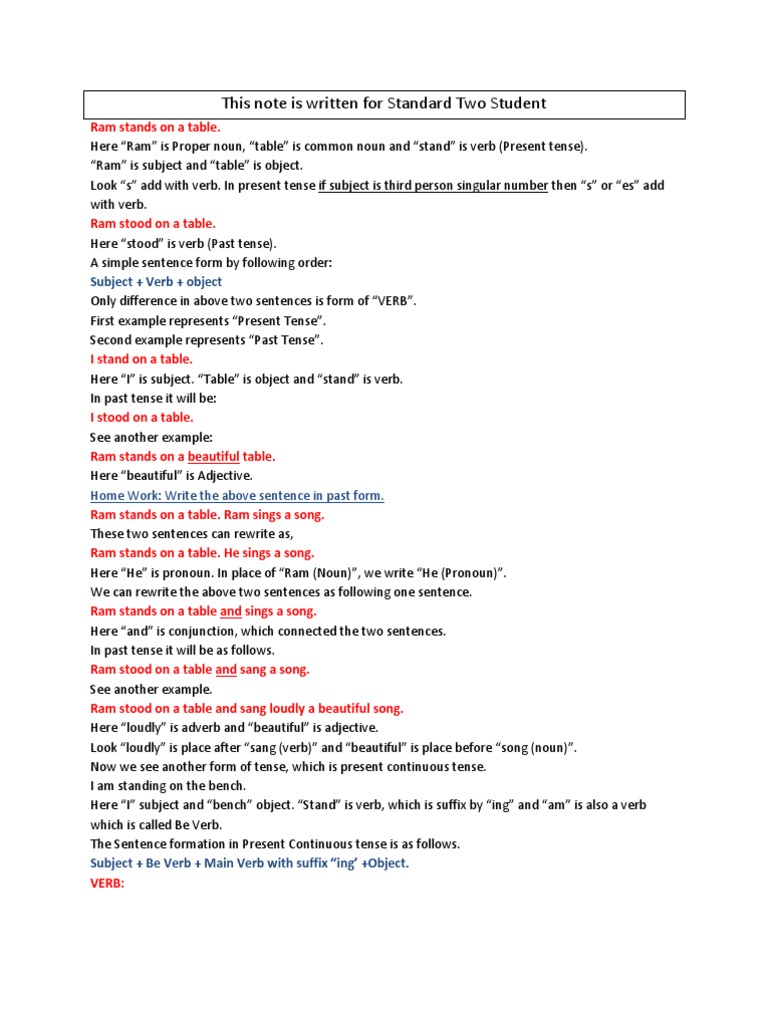 Grammar For Standard Two | PDF | Grammatical Tense | Verb