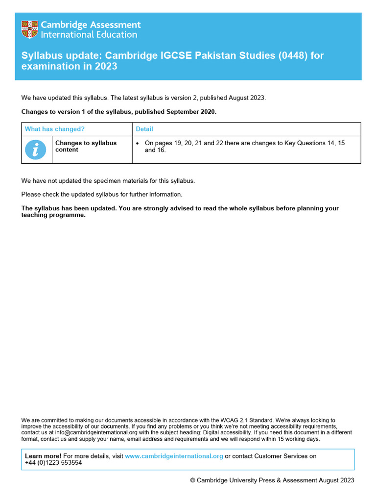 Cambridge IGCSE Pakistan Studies Update | PDF