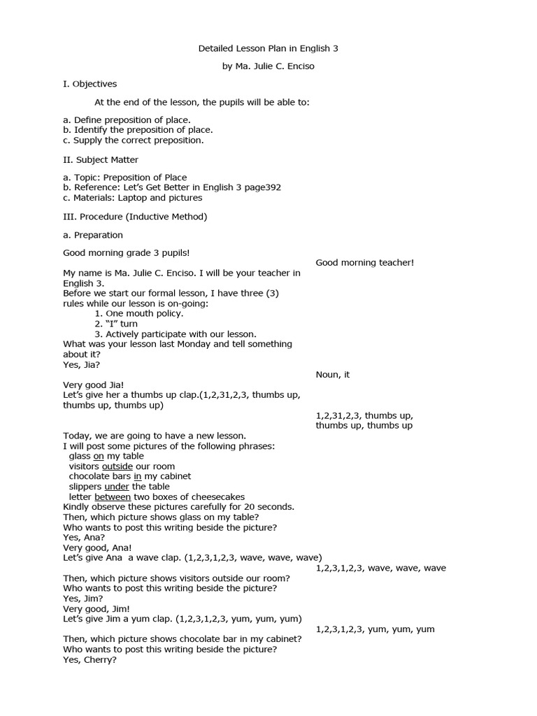 Detailed Lesson Plan in English 3 - Preposition | PDF | Spoon | English ...