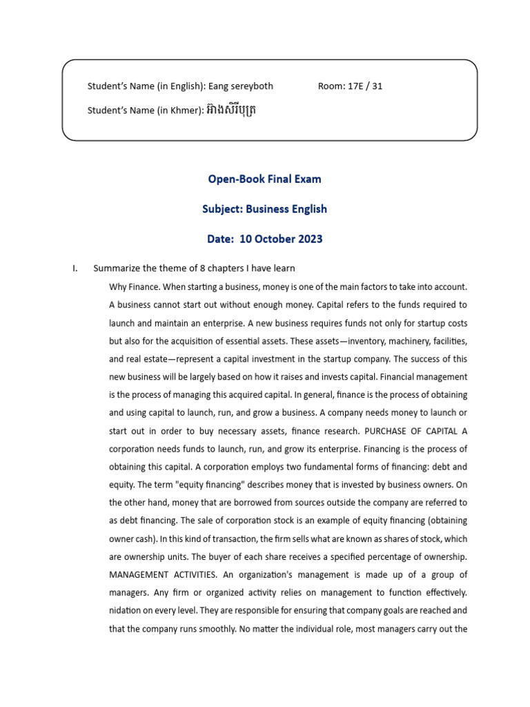 Final Exam BUE | PDF | Financial Capital | Equity (Finance)