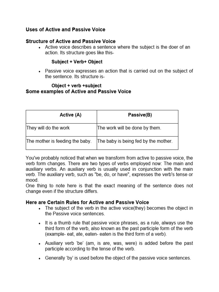 Uses of Active and Passive Voice | PDF | Verb | Perfect (Grammar)