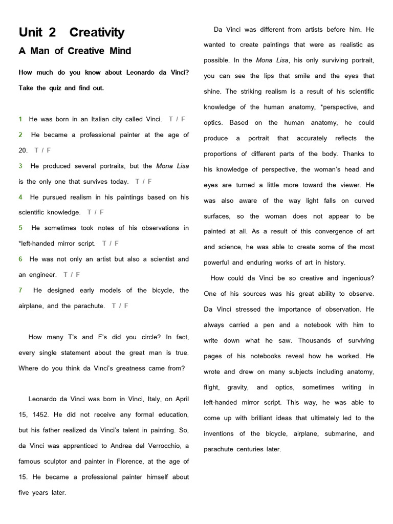 2과 본문 A Man of Creative Mind | PDF | Leonardo Da Vinci | Perspective (Graphical)