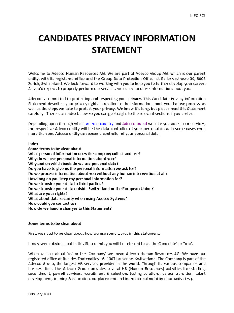 InFO SCL CH Candidate-Privacy-Information-Statement EN | PDF | Privacy | Information
