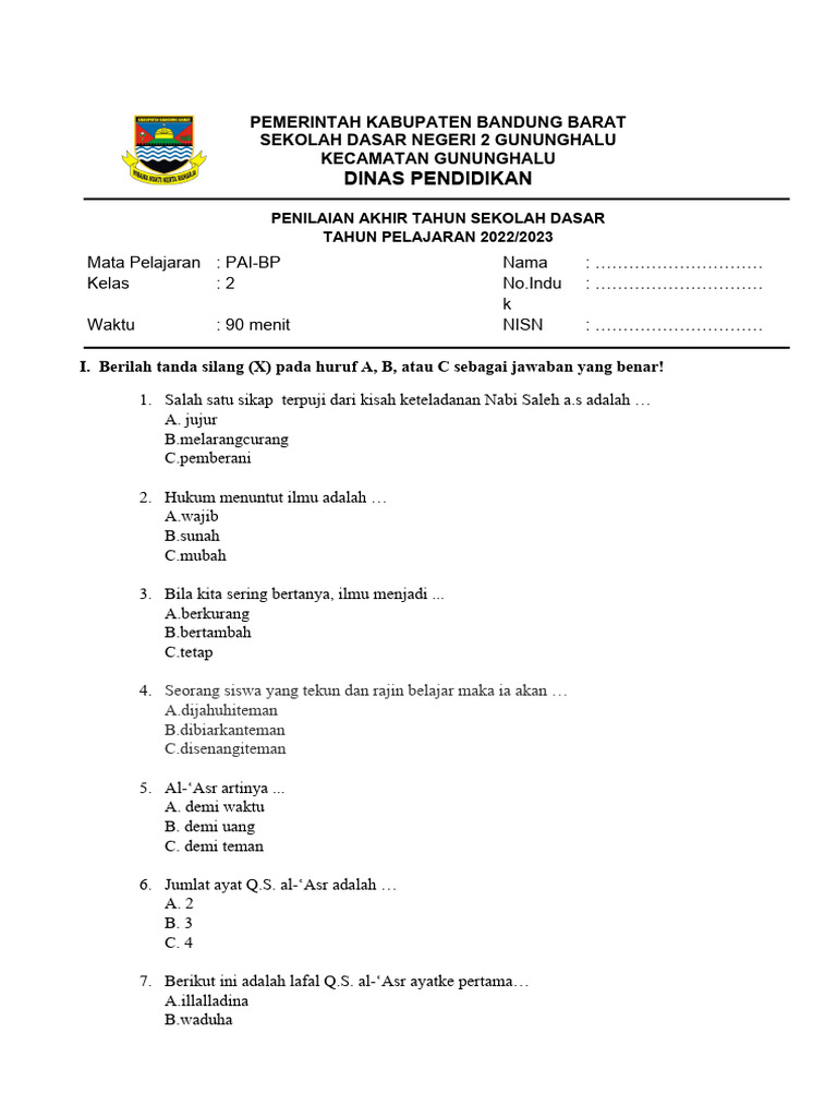 SOAL PAT PABP Kelas 2 | PDF SOAL PAT PABP Kelas 2 | PDF