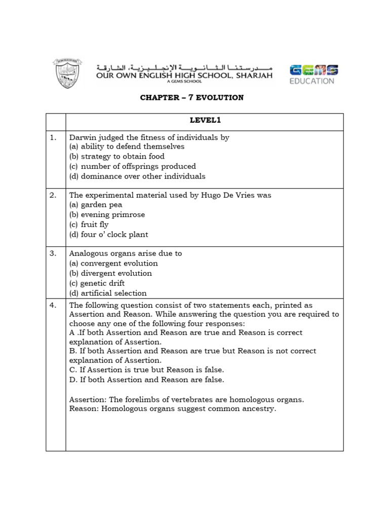 Worksheet - Chapter 7 - Evolution | PDF | Evolution | Homology (Biology)