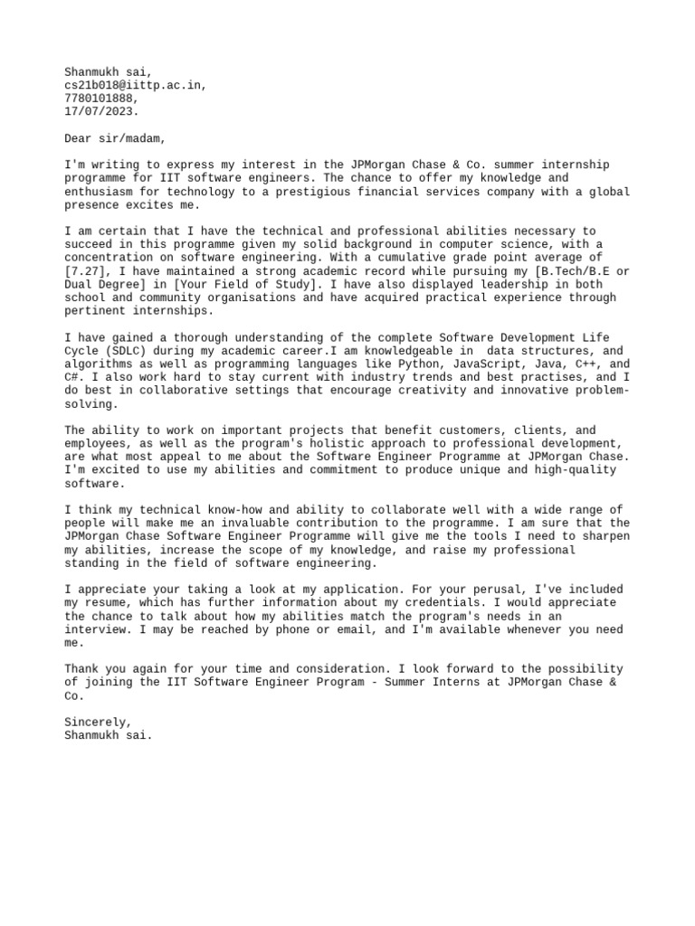 JPMC Cov Letter | Download Free PDF | Software Engineering | Software