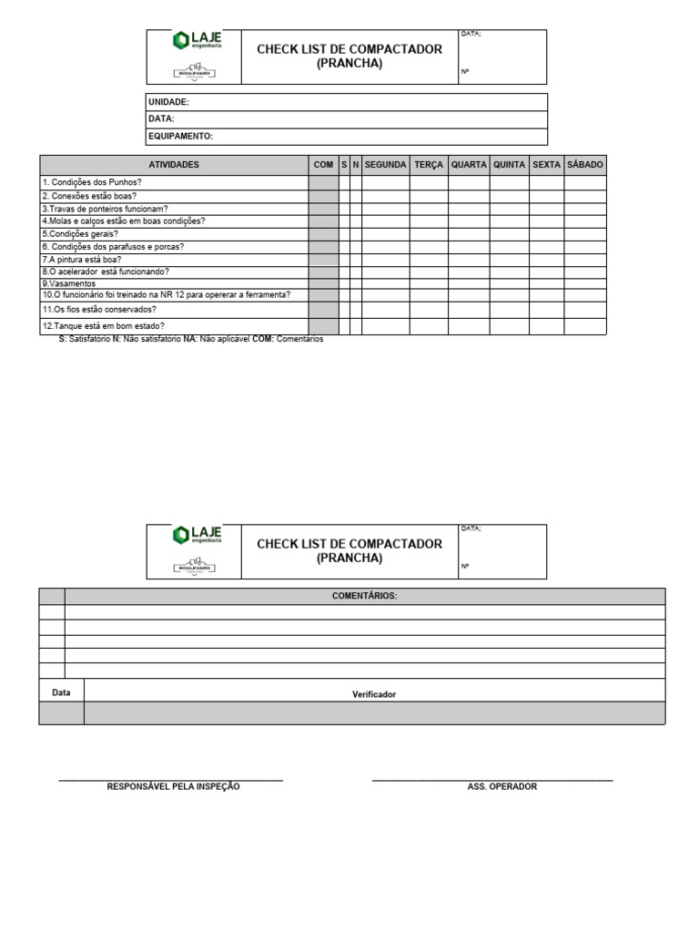 CHECK LIST COMPACTADOR PRANCHA | PDF