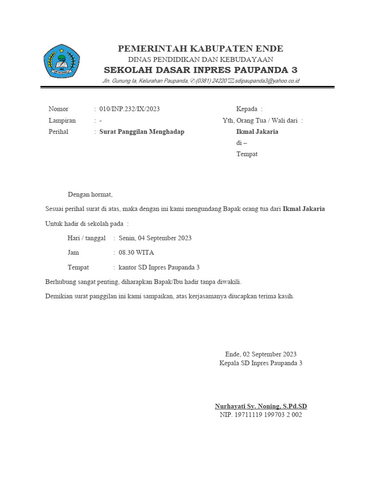 Surat Panggilan Orang Tua Siswa | PDF Surat Panggilan Orang Tua Siswa | PDF