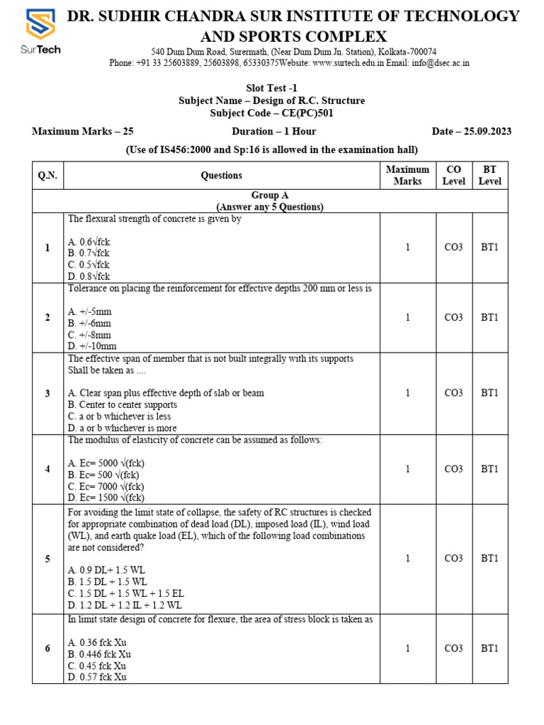 Slot Test - 1 Question Paper - 2023-24 - 24.09.2023 | PDF | Oscillation ...