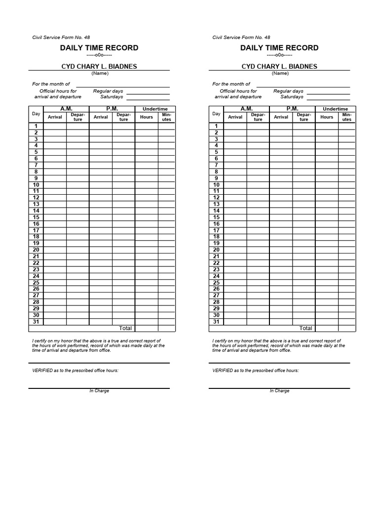 Daily Time Record Form No. 48 | PDF