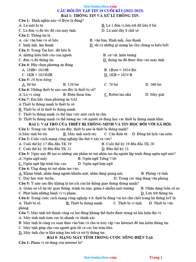Trac Nghiem On Thi Tin 10 HK1 1 | PDF