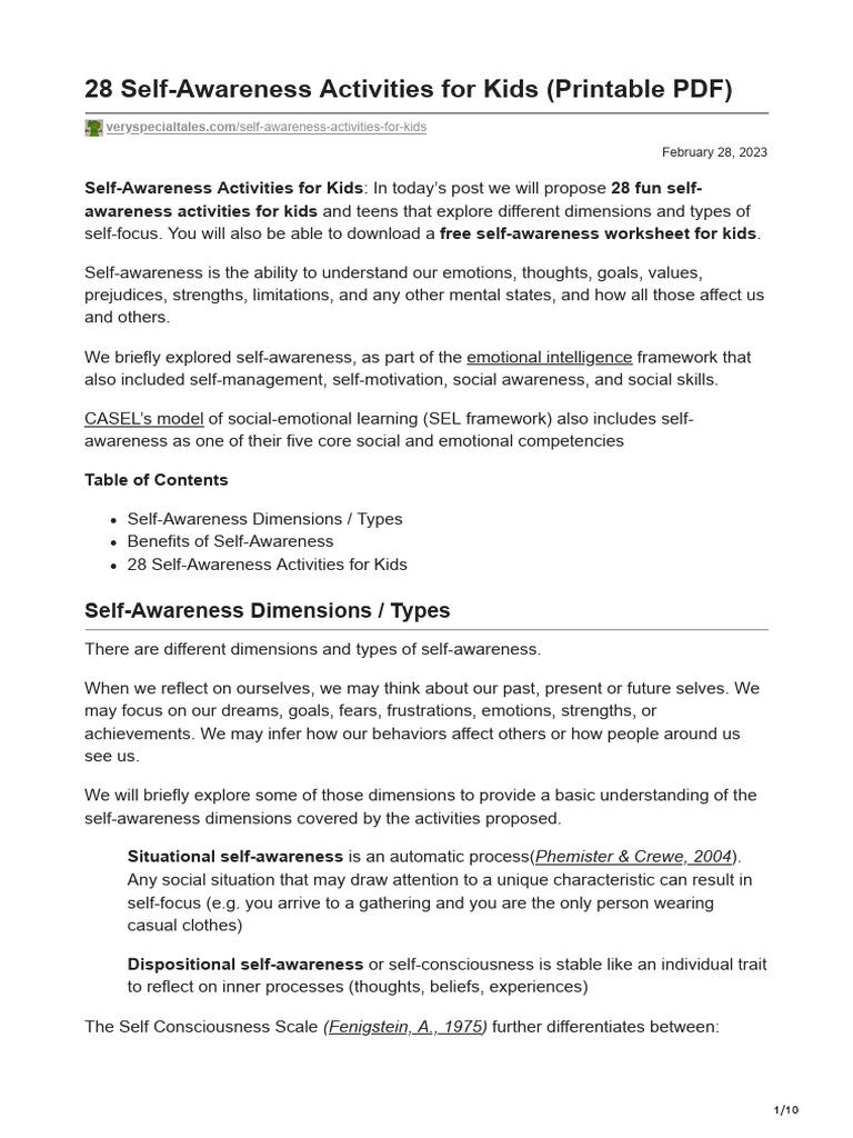 28 Self-Awareness Activities For Kids Printable PDF | PDF | Self ...