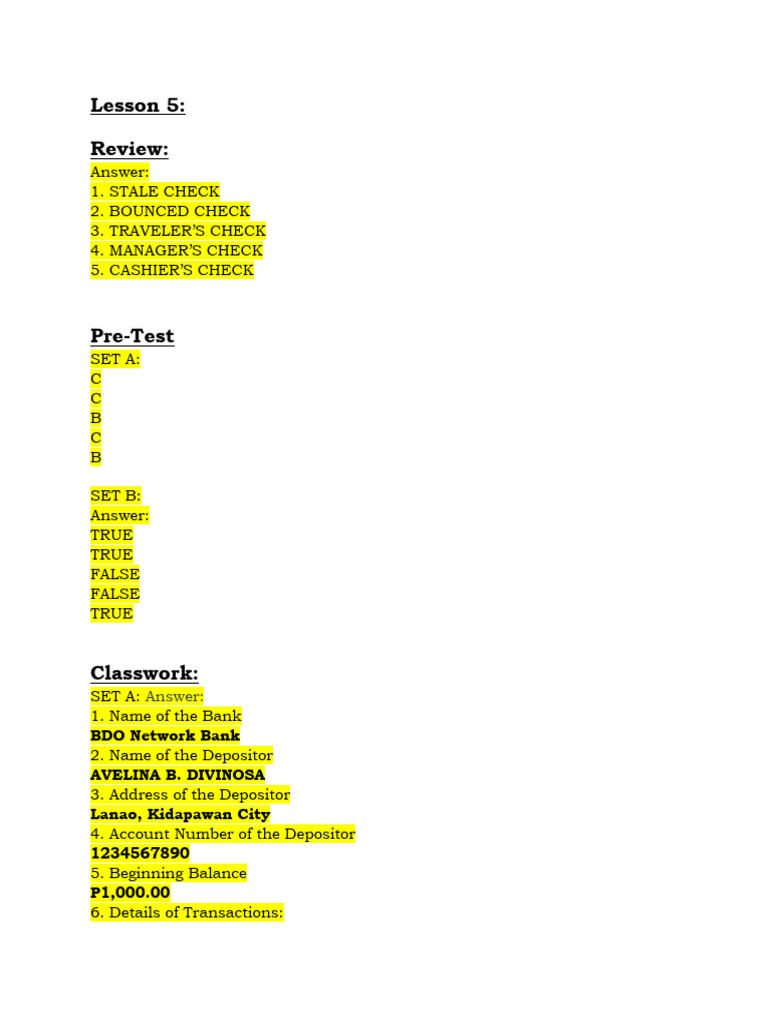 12 Abm-E Florentino Lesson 5 Bank Statement | PDF | Cheque | Banks