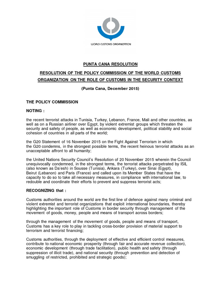 Resolution of The Wco Policy Commission On The Role of Customs in The Security Context ...