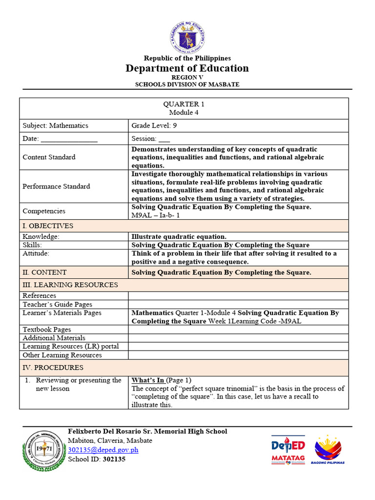 LP - MATH 9 Q1 m4 | Download Free PDF | Equations | Quadratic Equation