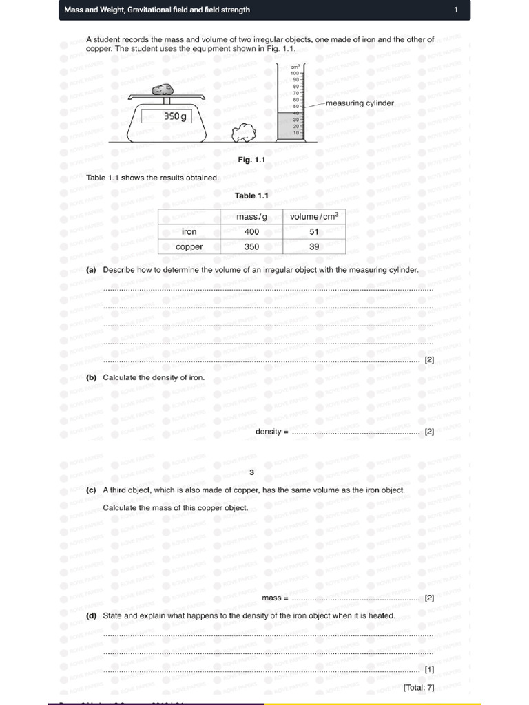 Physics 5054 Pressure, Mass Weight Density and Physical Quantities P2 | PDF