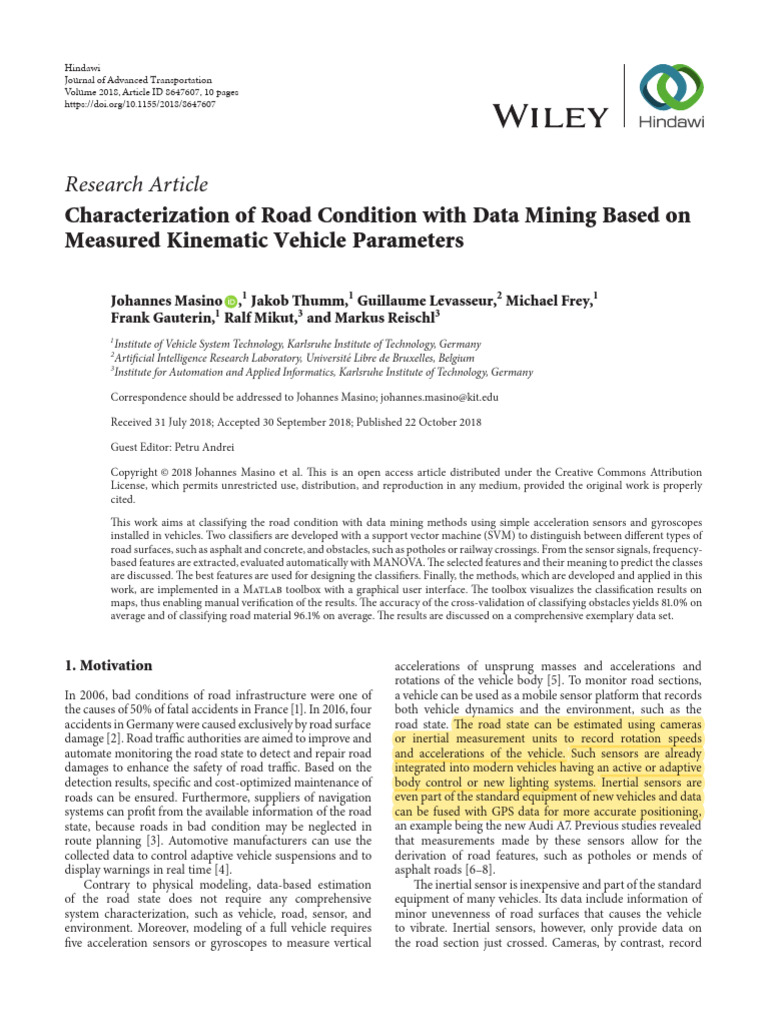 Characterization Of Road Condition With Data Mining Pdf Inertial 2109