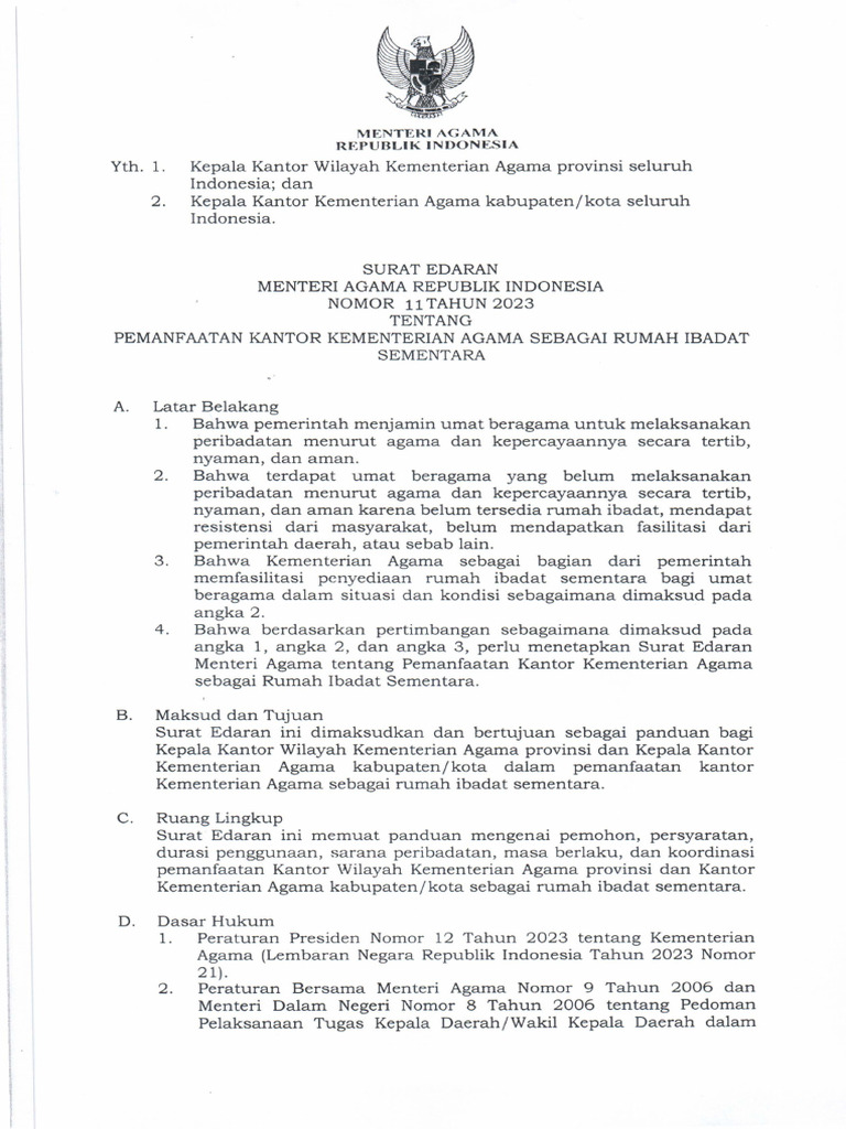 Surat Edaran Menteri Agama Republik Indonesia Nomor 11 Tahun 2023 Tentang Pemanfaatan Kantor ...