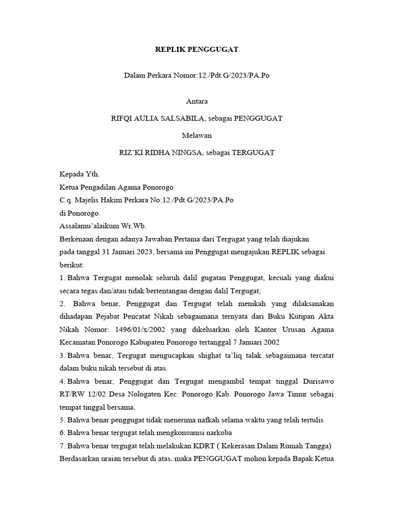 contoh REPLIK PENGGUGAT | PDF